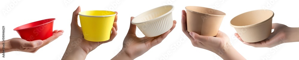 Collection set of hand holding disposable takeaway paper craft bowl ...