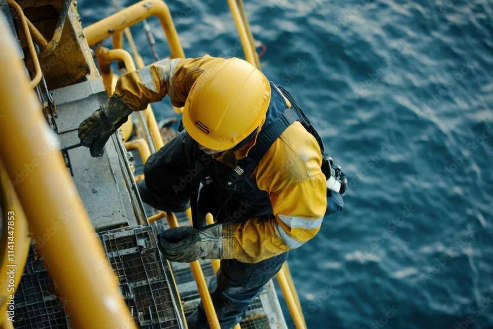 Oil rig worker in safety gear performing standard procedures on ...