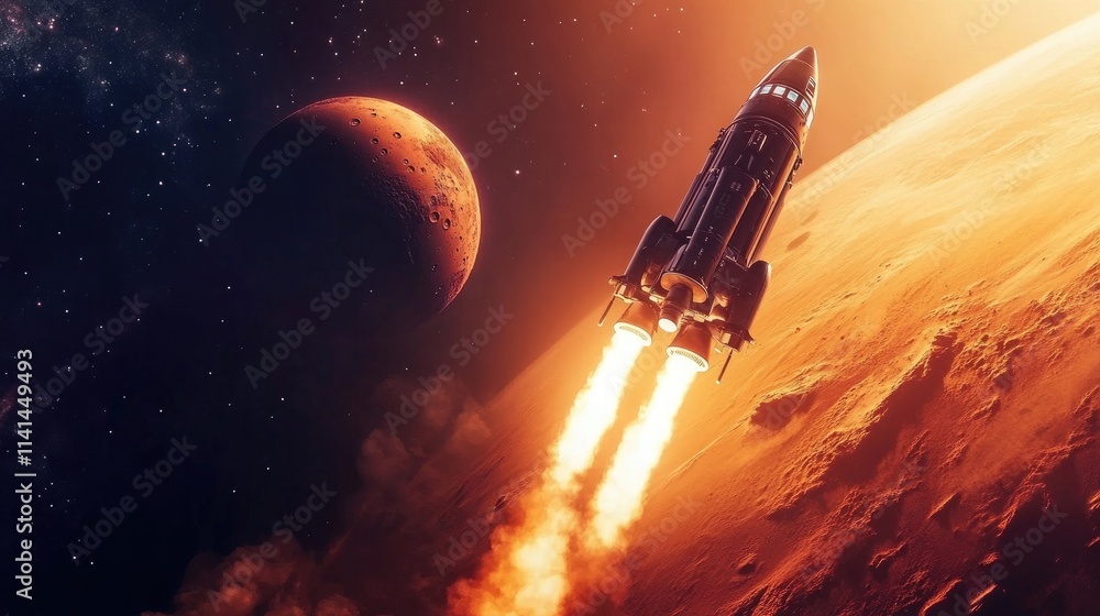 Spaceship taking off from Earth, heading toward Mars, capturing the ...