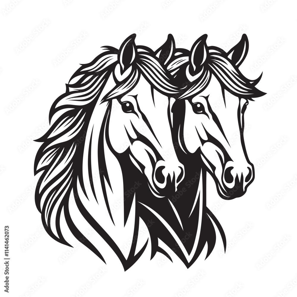 Stylized black-and-white vector illustration of two horse heads with ...