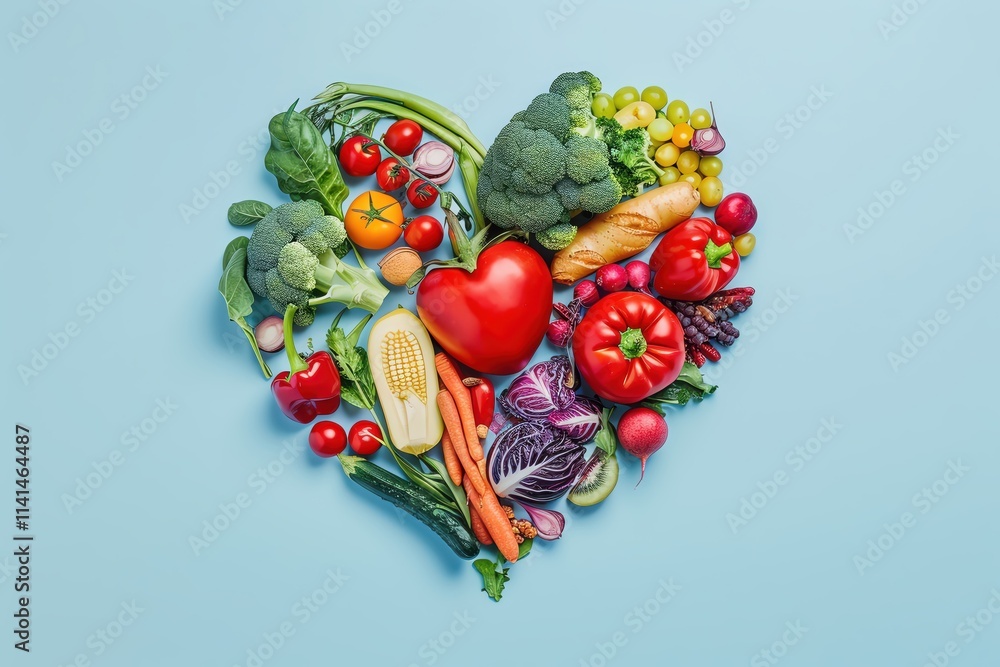 Healthy heart with dietary elements, light blue background Stock Photo ...