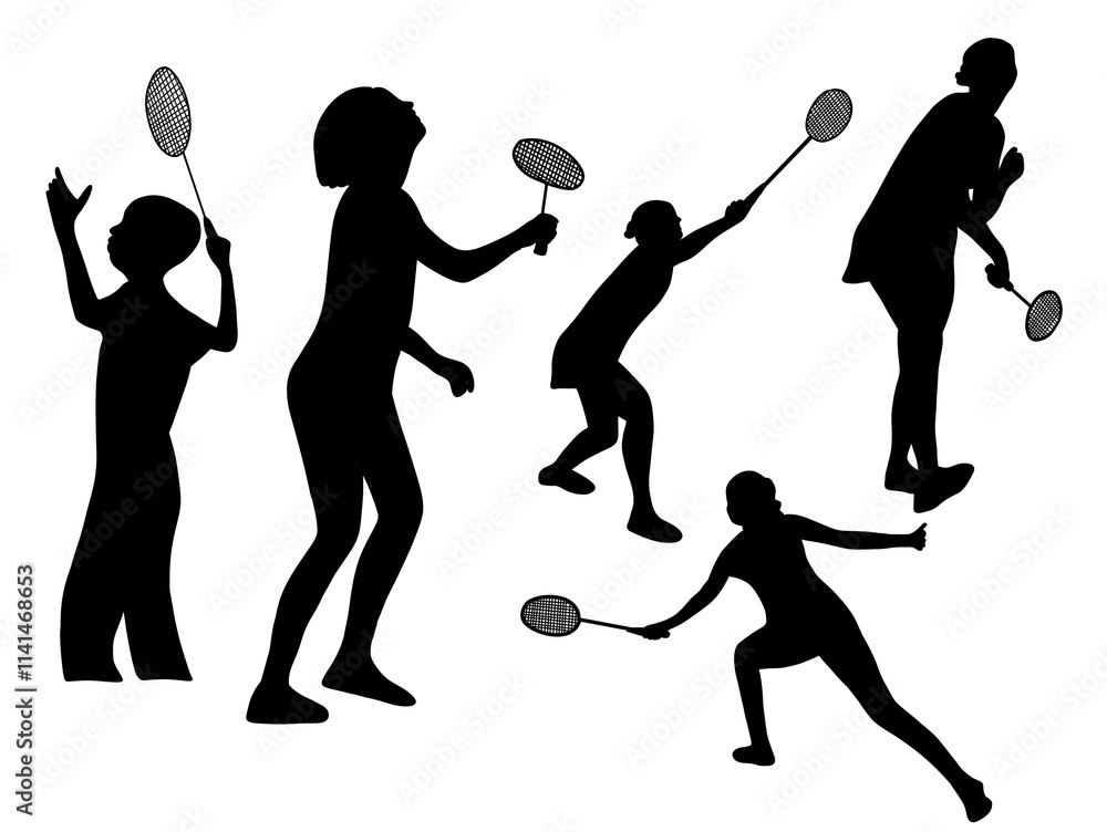 Badminton sport practice posture. Badminton game player silhouettes ...