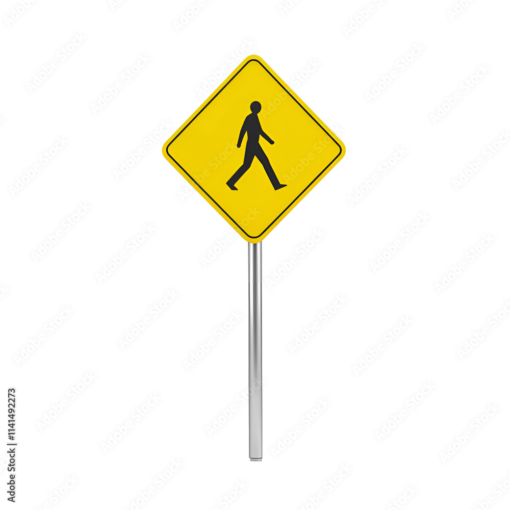 Miniature pedestrian warning sign with metallic pole, isolated on ...