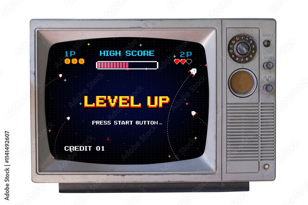 LEVEL UP. pixel art .8 bit game. Retro Futurism Sci-Fi Background ...