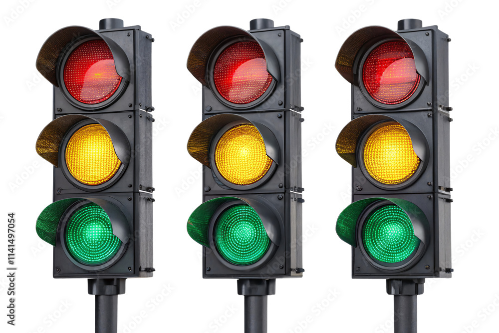 A trio of identical traffic lights aligned in a row, each ...