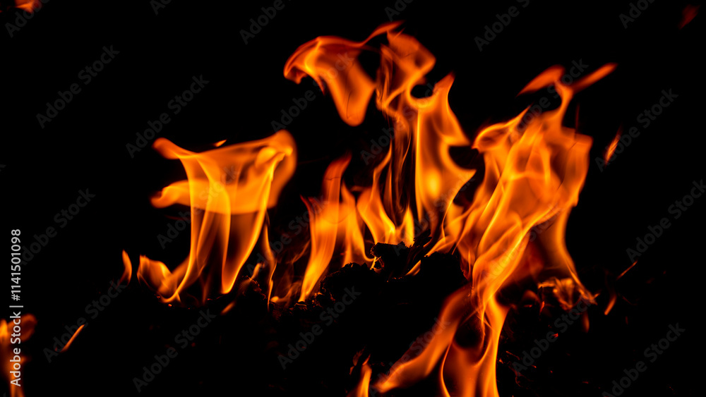 Texture of fire on a black background. Burning red fire. Large bonfire ...