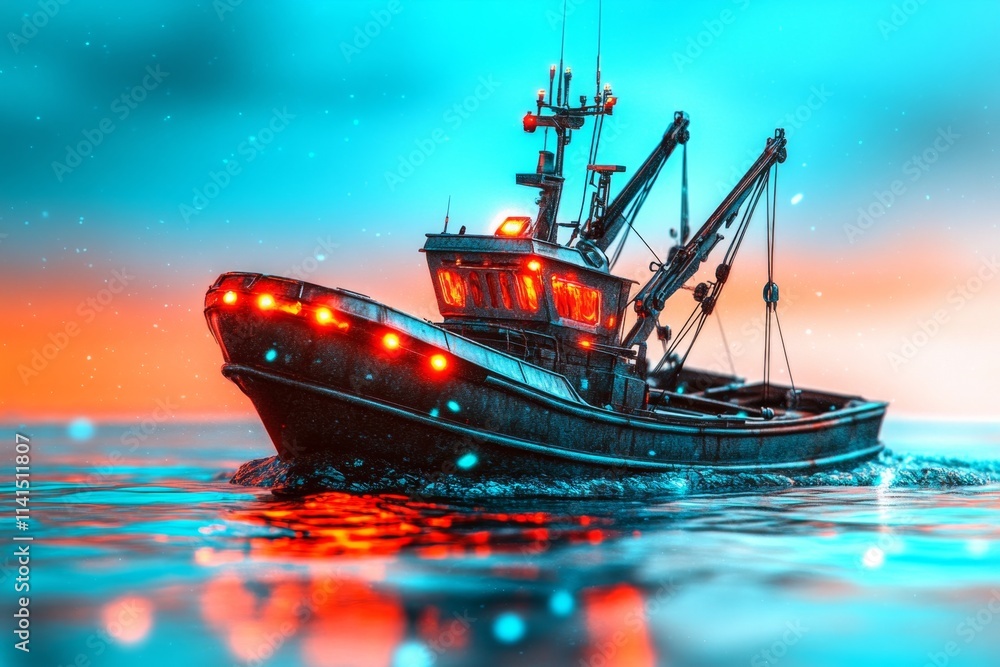 A futuristic fishing boat with robotic arms hauling in glowing, bio ...