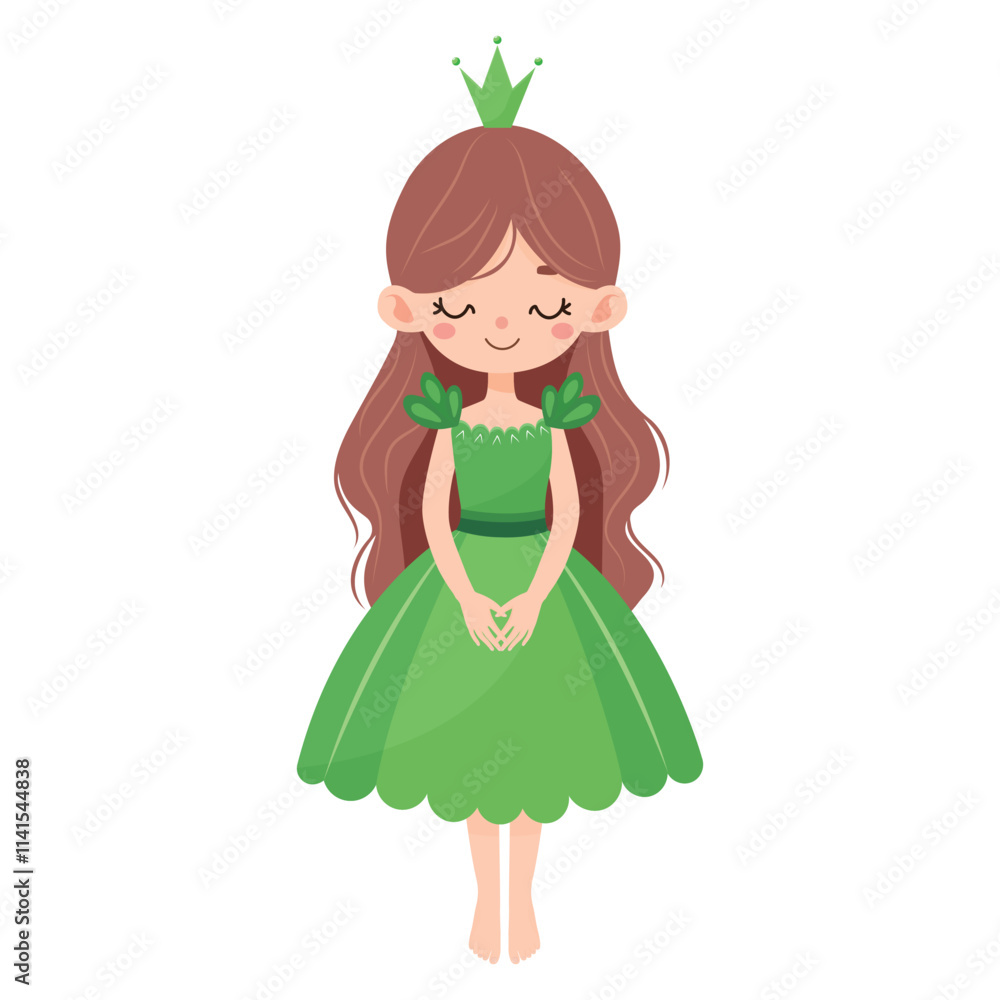 cute cartoon princess in green dress isolated on white background Stock ...