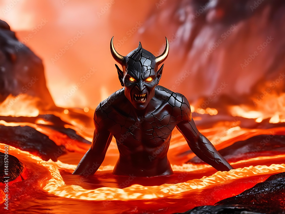Demonic figure emerging from fiery lava fantasy realm digital art ...