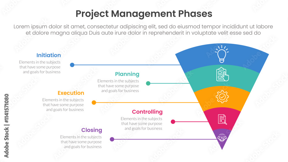 5 phase project management infographic template banner with funnel ...