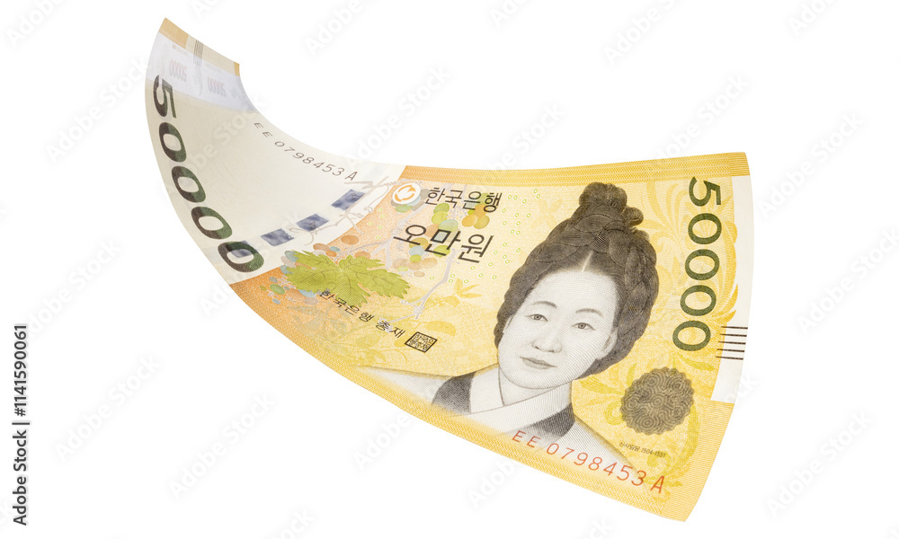 50000 South Korean won banknotes falling isolated on white background ...