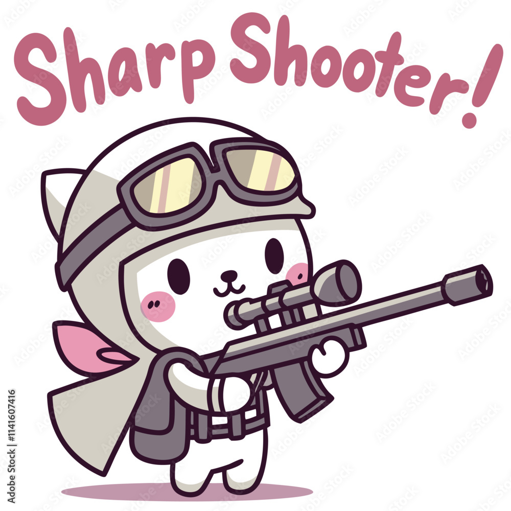 Cute Cartoon Character in Military Gear Holding Sniper Rifle with ...