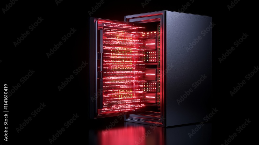 Advanced data center storage cabinet with glowing LED displays ...