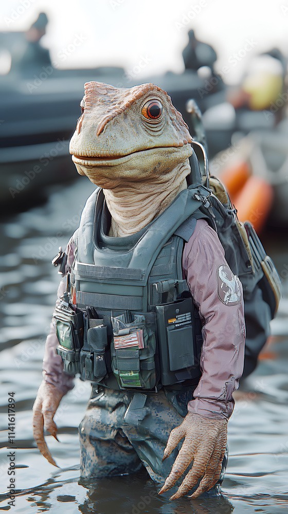 Dinosaur soldier emerges from water coastal location fantasy character ...