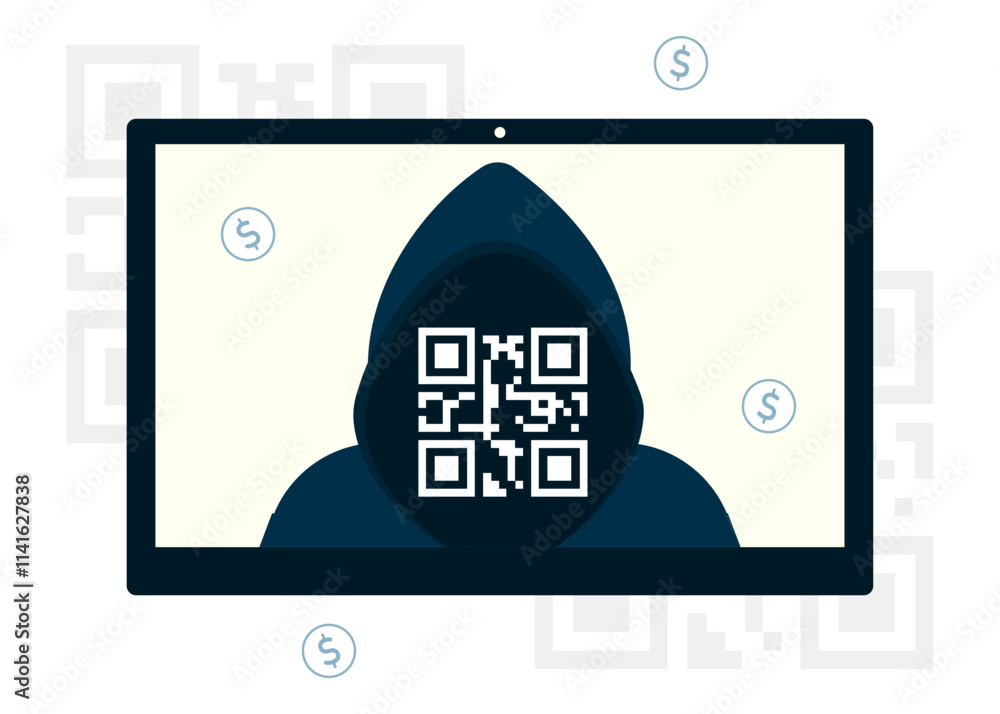 Fake qr code and scammer on the tablet screen. Phishing fraud concept ...