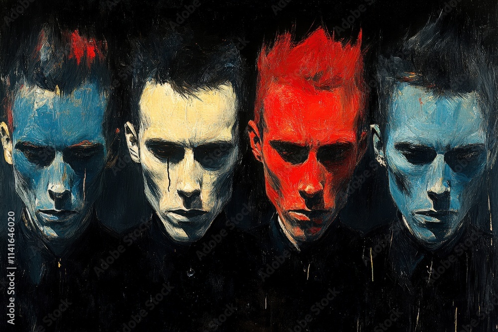 Four stylized portraits of a male figure, showcasing striking colors ...