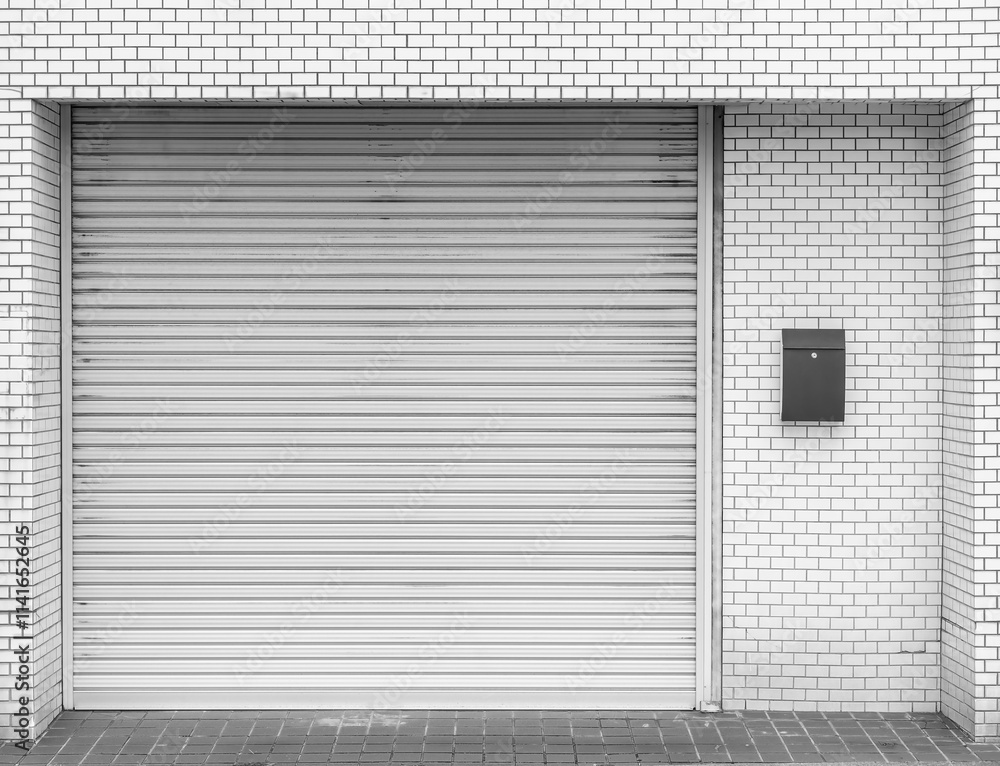 Closed steel shutter door of warehouse, storage or storefront for metal ...