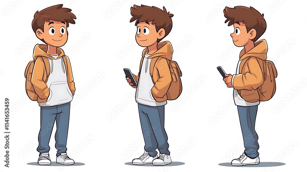 Cartoon boy character in three poses, front, three-quarter, and side ...