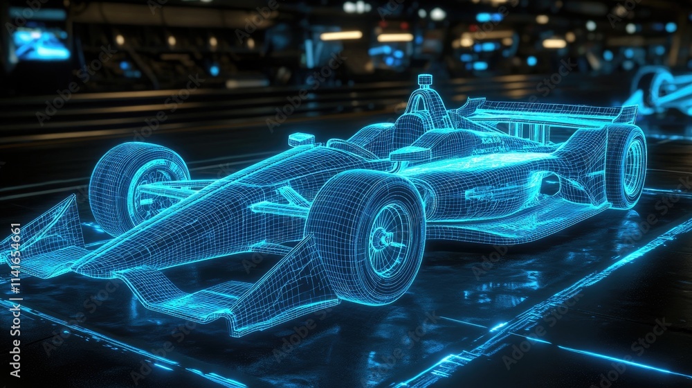 A glowing blue wireframe hologram of an Indy car on a racetrack ...