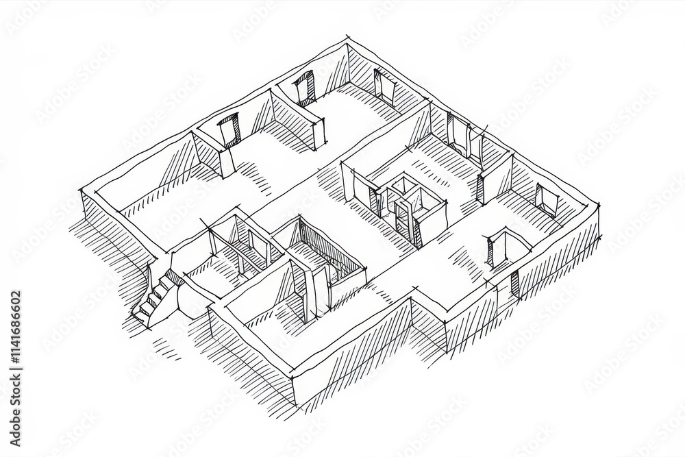 Isometric Sketch of a Simple House Floor Plan Stock Illustration ...