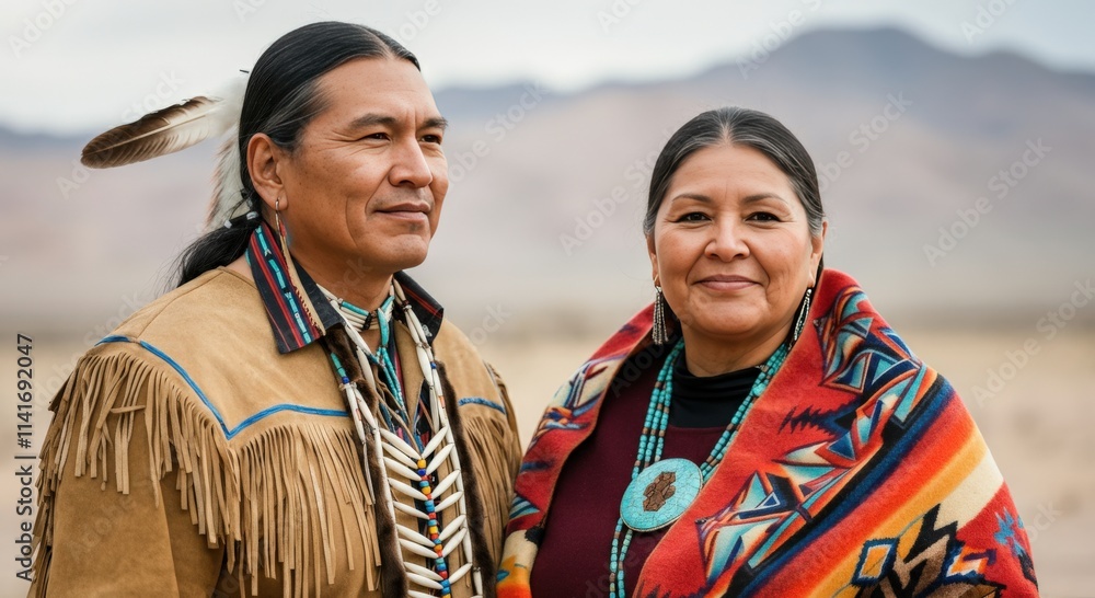 Indigenous couple in traditional attire against desert landscape for ...