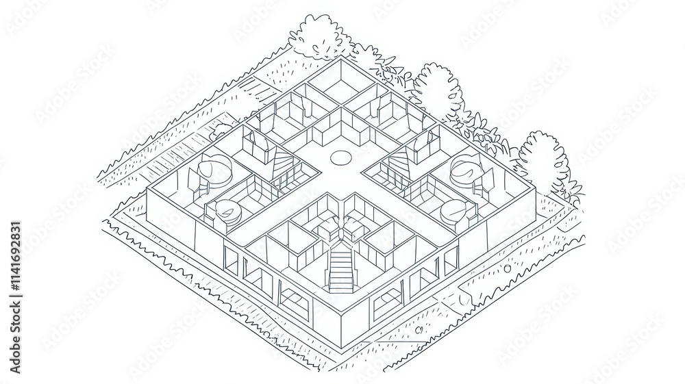 Isometric Sketch of a House Plan with Surrounding Greenery Stock ...