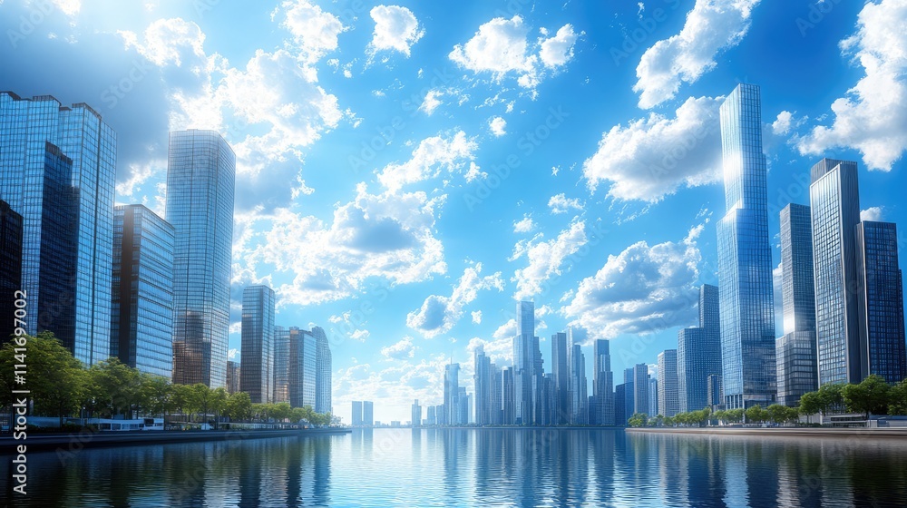 A high-resolution image of a city skyline with towering skyscrapers ...
