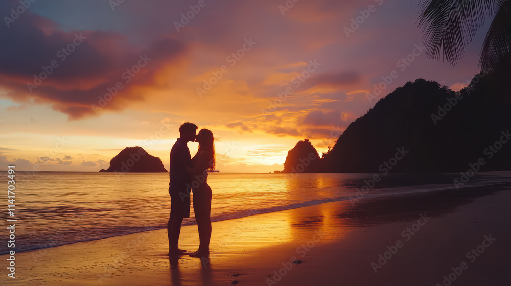 Romantic couple kissing sunset beach passionate love affection ...