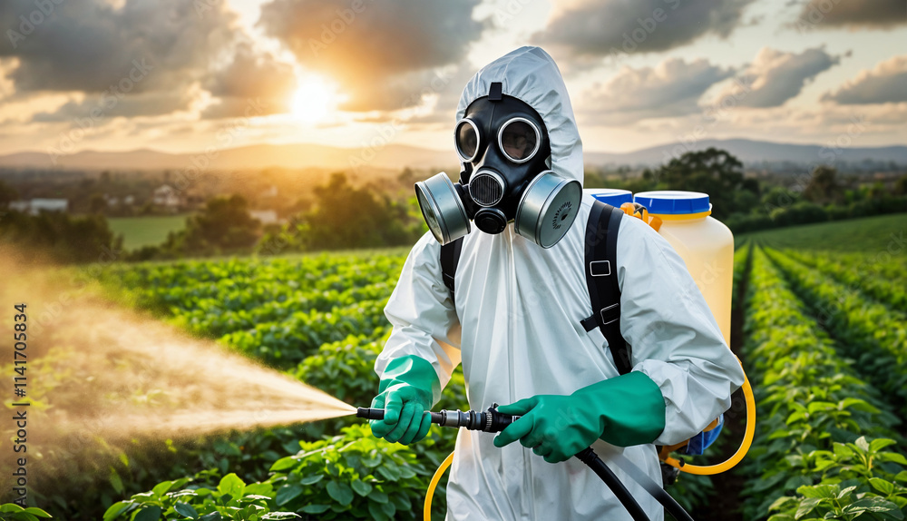A farmer in a white hazmat suit and gas mask sprays chemical pesticides ...