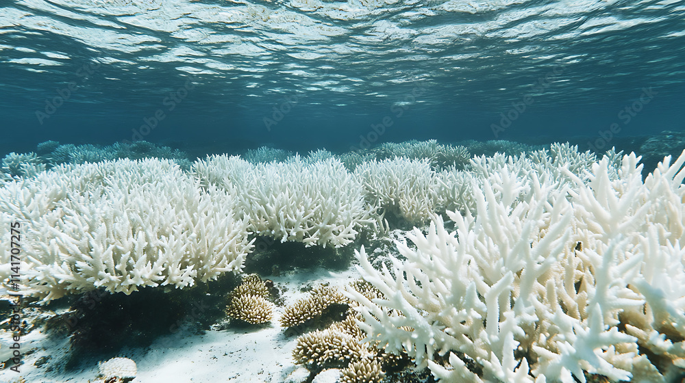 Bleached Coral Reef: Underwater view of a damaged coral reef, showing ...