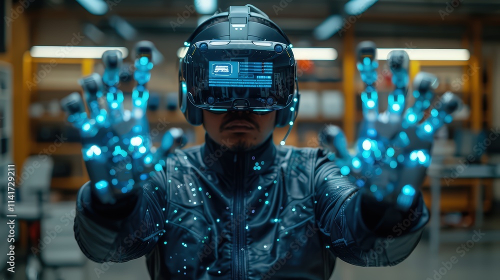 School Student Wearing VR Headset Interacting with AI Artificial ...