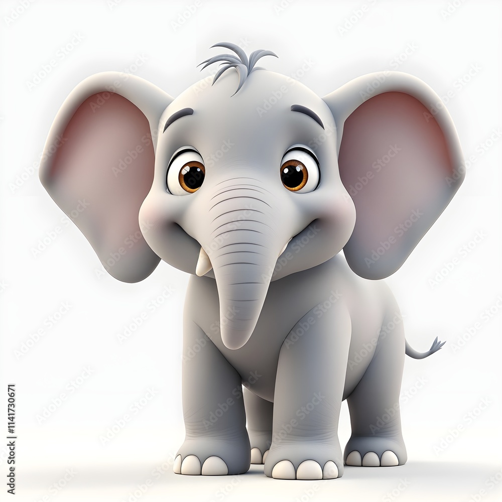Cute Adorable 3D Cartoon Elephant Stand on a plain white background ...