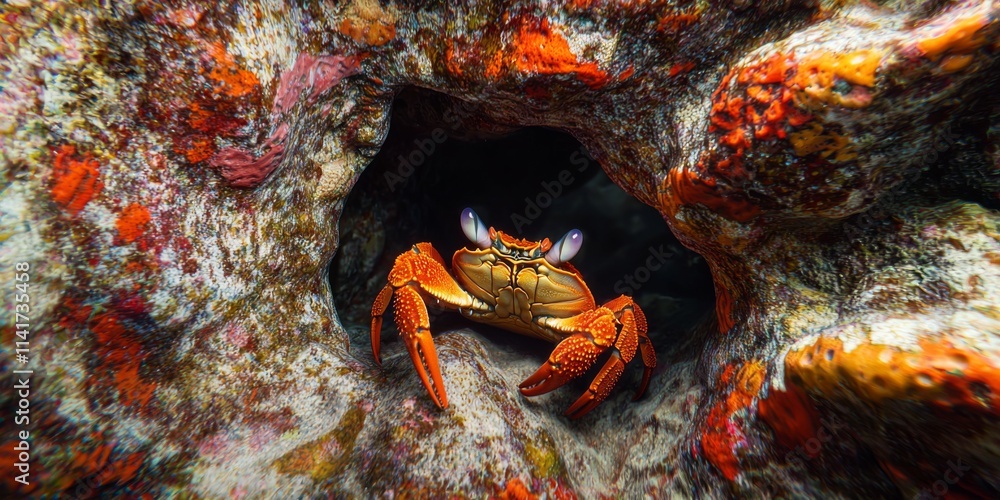 Colorful Crab Emerging from Rocky Coral Habitat in Vibrant Ocean ...