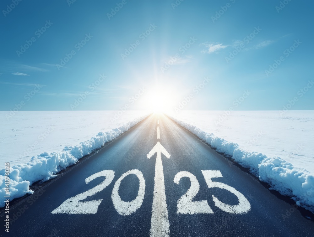 Illustration Stock Road to 2025: A Snowy Path to the Future. An empty winter road stretches ...