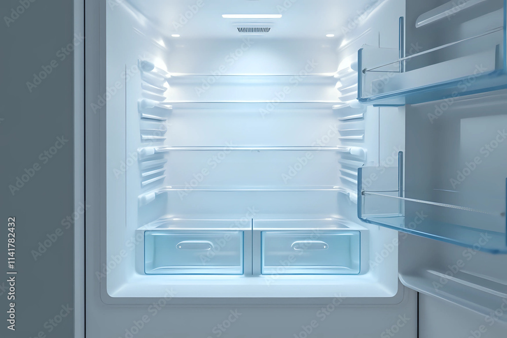 Refrigerator open empty fridge inside interior. close up on empty ...