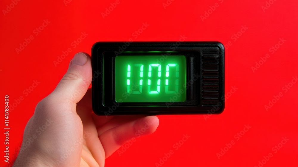 Hand holding vintage digital clock showing 100 against red background ...