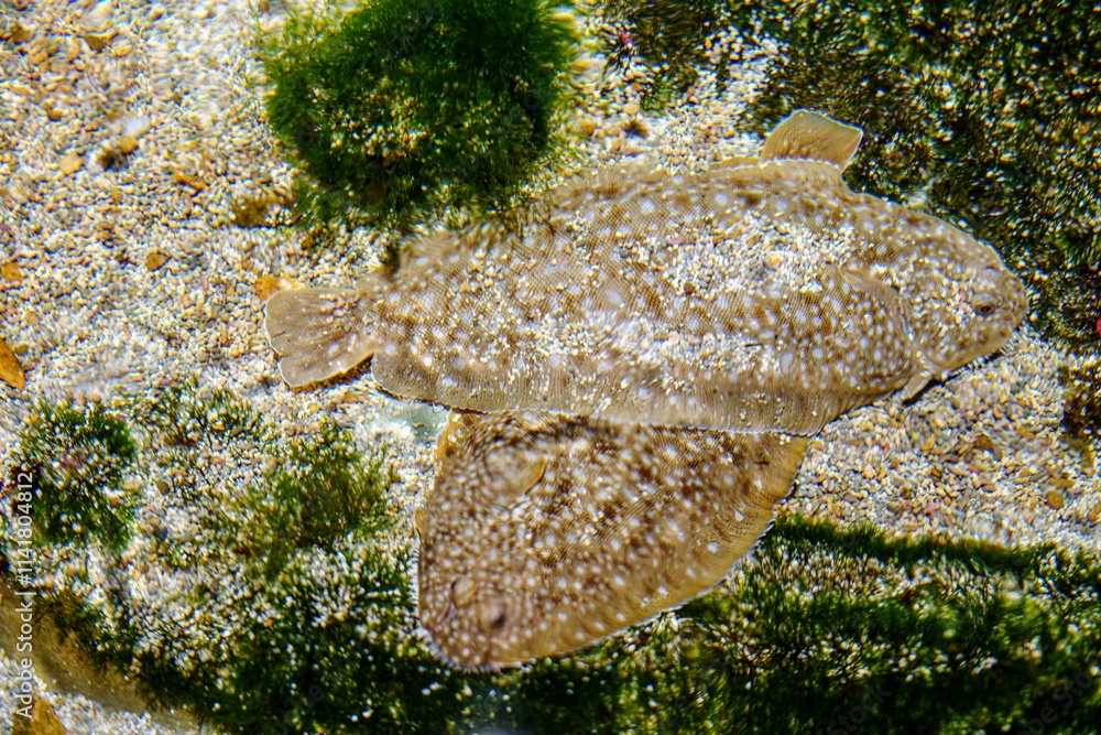 Two flounder fish lie side by side on the ocean floor, surrounded by ...