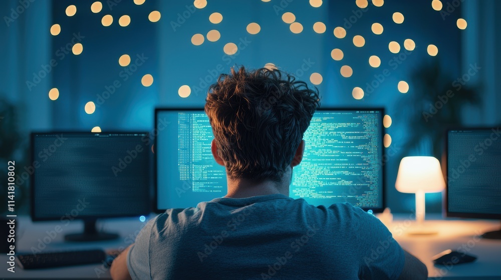 A programmer works late into the night, their desk illuminated by the ...