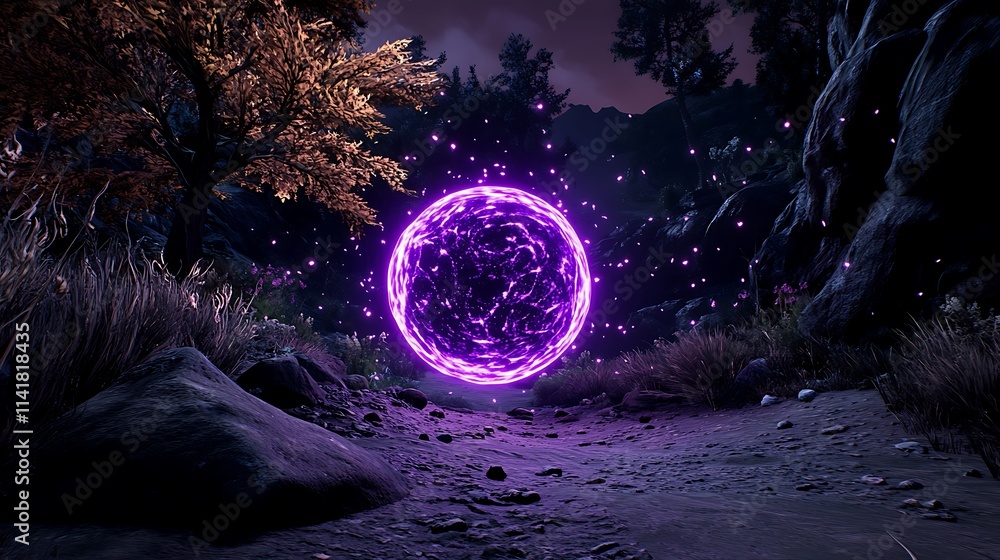 Ilustración de Stock Glowing Purple Orb in a Dark Forest - Unreal ...