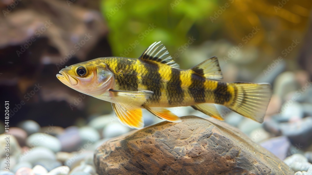pikeperch, a fish in an aquarium setting. The fish has a distinctive ...