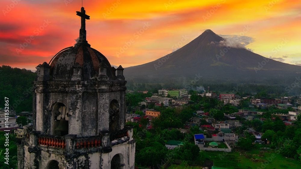 Daraga Church in Front of mayon volcano aerial shoot in Daraga Albay ...