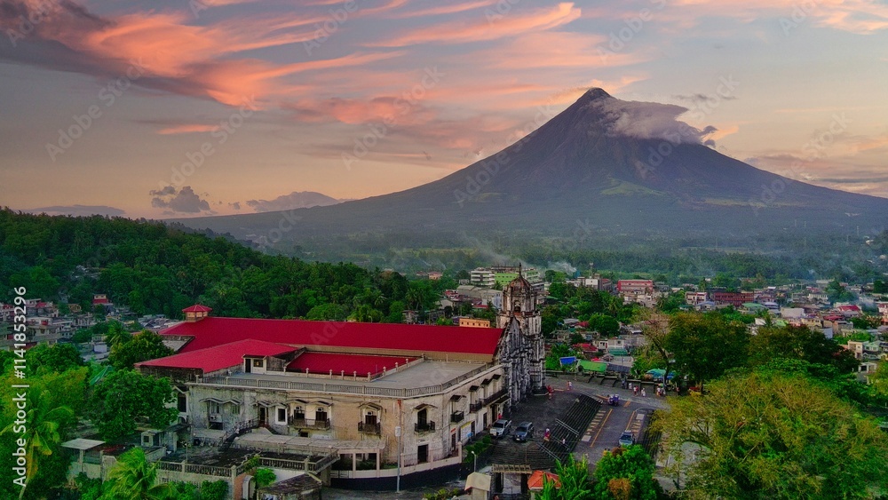 Daraga Church in Front of mayon volcano aerial shoot in Daraga Albay ...