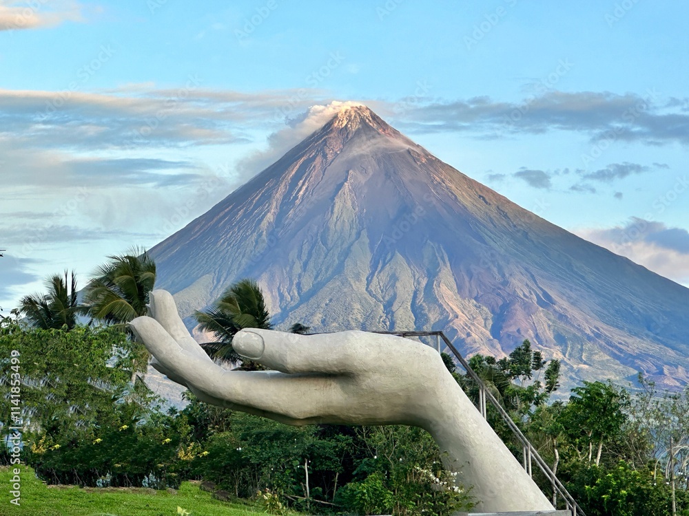 Mayon Volcano in Highlands Park with big hands on front in Legazpi City ...
