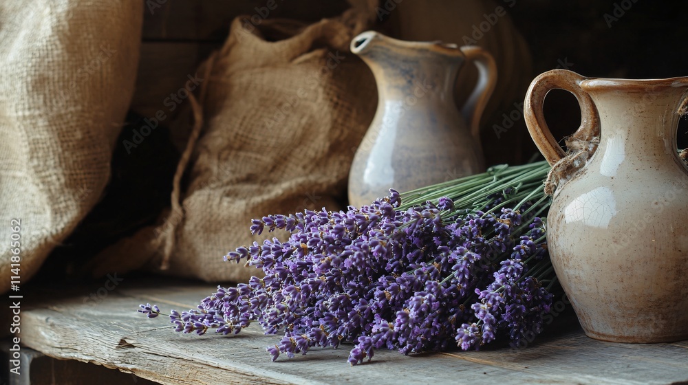 Lavender bundles drying on a wooden rack, rustic farmhouse background ...