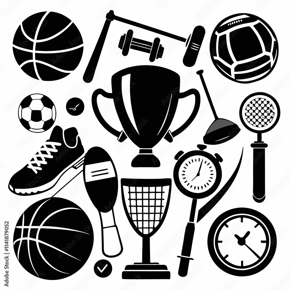 Vector de Stock Set of Sports Object Silhouettes: Football, Basketball ...