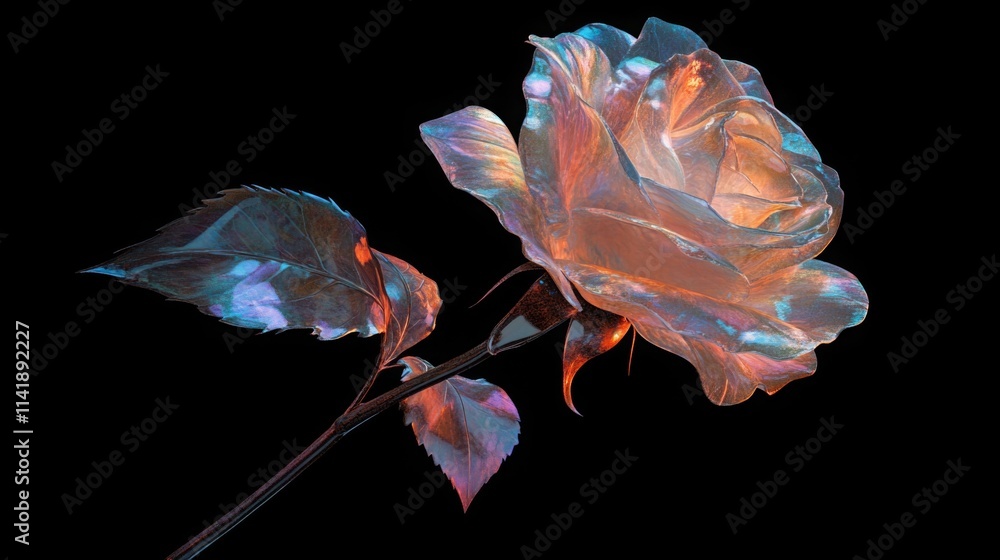 Chrome liquid metal rose flower. 3D render, modern design. Isolated ...