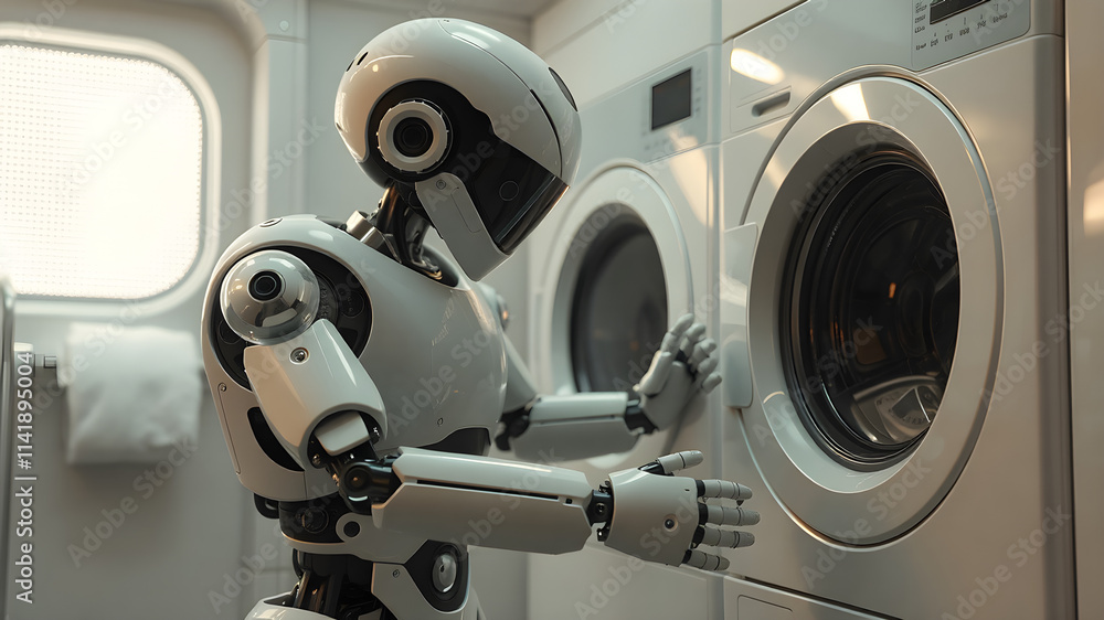 A humanoid robot operating a high-tech washing machine, sorting clothes ...