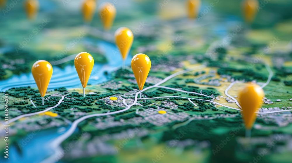 Map of the countryside with yellow pins marking key locations, enhanced ...