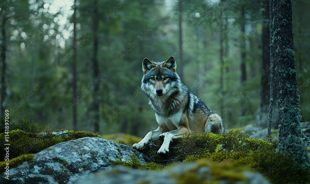 Stock-Foto „wolf in the woods dramatic cinematic panoramic picture with ...