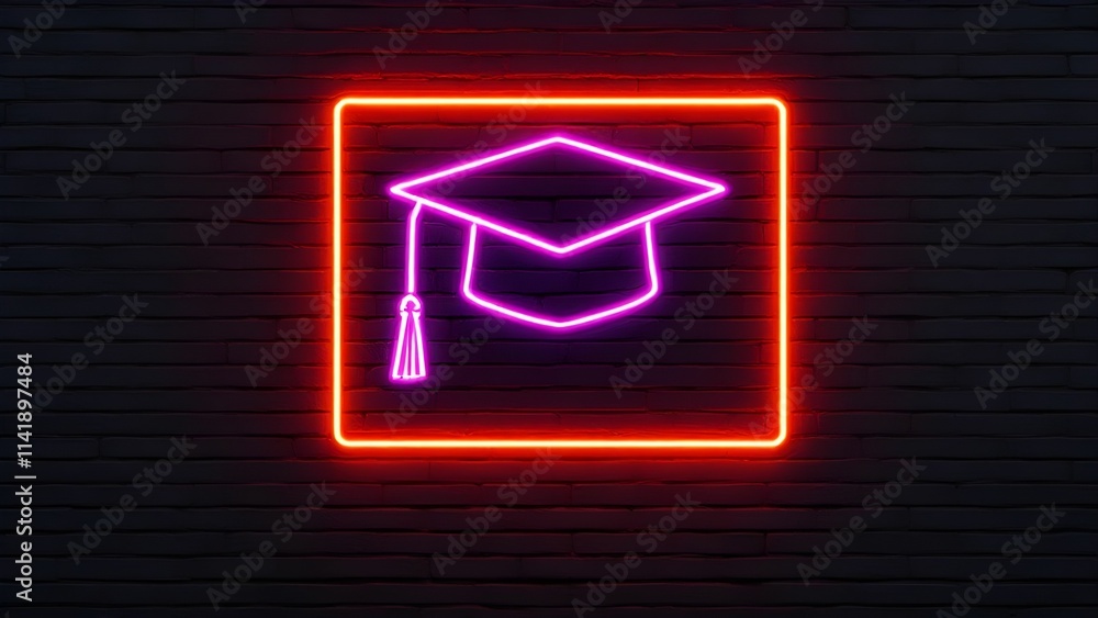 Glowing neon graduation cap frame on a black brick wall background ...